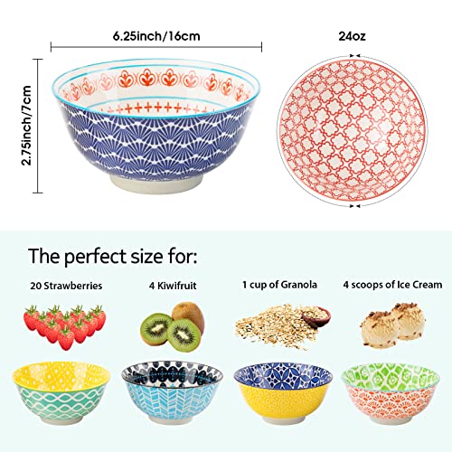 DeeCoo 6 Pack 24 oz Premium Porcelain Bowls Set, Cereal Bowls, Ceramic Bowls for Soup, Salad, Pasta, Rice, Large Capacity Ramen Bowls, Heat and Cold Resistant, Microwave and Dishwasher Safe Bowls