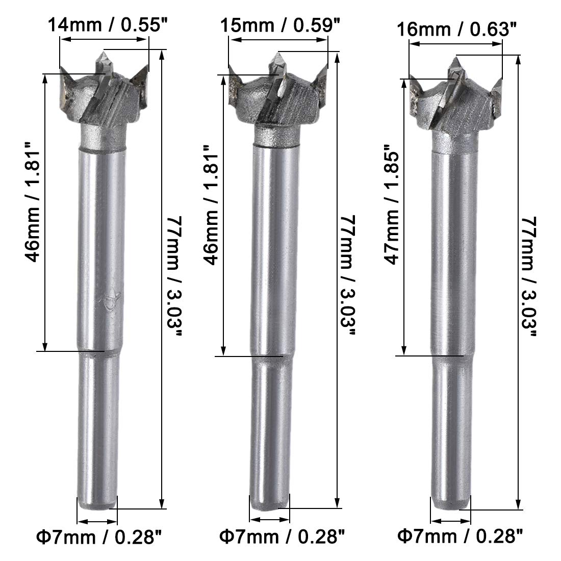 uxcell Forstner Wood Boring Drill Bits 14mm 15mm 16mm Dia. Hole Saw Carbide Alloy Steel Tip Round Shank Cutting for Hinge Plywood Wood Tool 3in1 Set