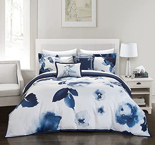 Chic Home Brookfield Garden 5 Piece Comforter Set Large Scale Floral Pattern Print Bedding-Decorative Pillows Shams Included, Queen, Blue