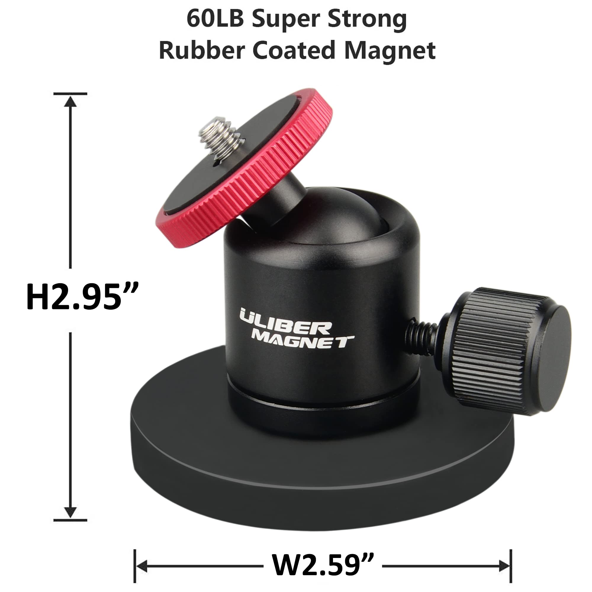 ULIBERMAGNET 60lb Magnetic Camera Mounting Base with Mini Ball Head, Super Strong Rubber Coating Neodymium Magnet with 1/4ββ-20 Male Thread Stud for Mobile Camera, Security Camera.