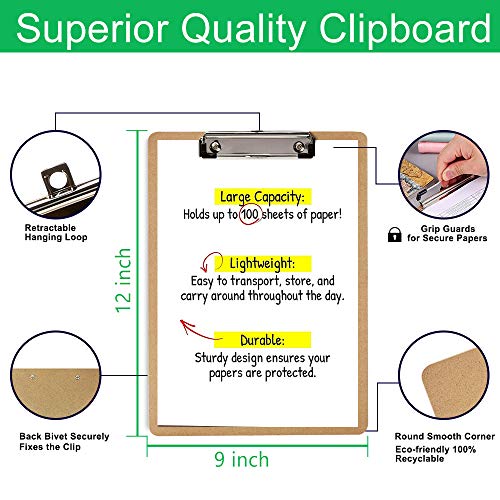 Clipboards,Set of 6 Multi Pack Clipboard, ECO Friendly Durable Wooden 9"x12" Hardboard | Holds 100 Sheets! with Strong Hangable Low Profile Clip | Standard A4 Letter Size Office Classroom Supplies
