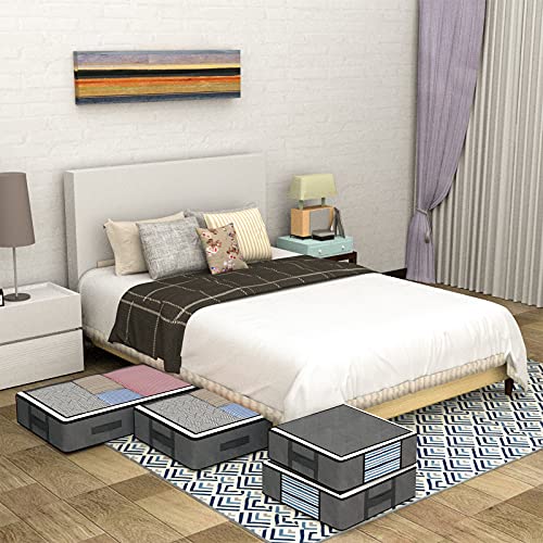Isbasa 4 Pack Under Bed Storage Bags, 2 Foldable Underbed Storage Bags and 2 Organizer Bins with 4 Reinforced Handles, Pocket for Labels and Clear Windows for Clothes, Blankets, Bedding, Grey