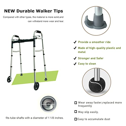 Aliseniors Walker Glide Skis for 1 1/8 Inch Tubes - Durable and Smooth Rolling Mobility Aid Accessory for Folding Walkers - Universal Fit Walker Feet Replacement, One Pair, Gray