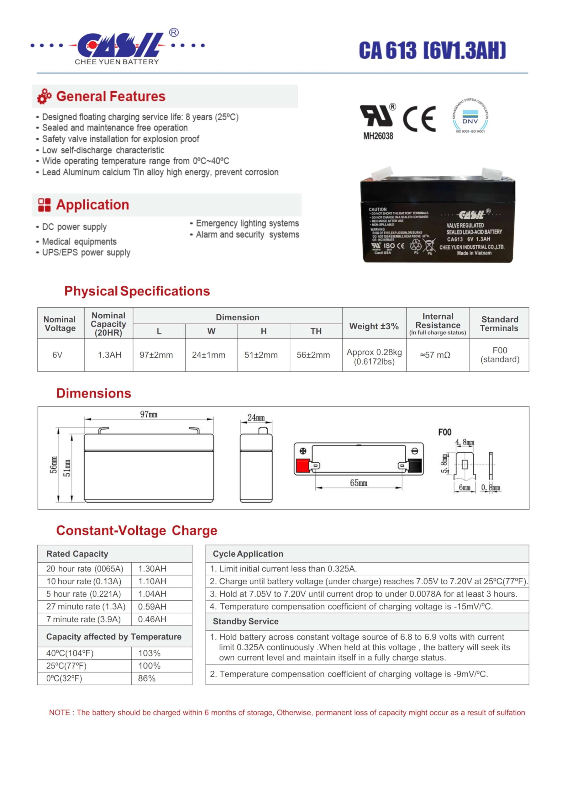 Casil 6v 1.3ah ge 600-1054-95r Simon xt Rechargeable AGM Sealed Lead Acid Battery CA613