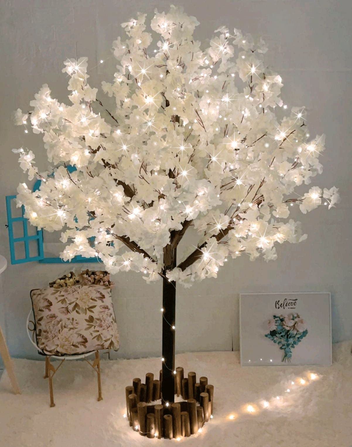 Artificial Cherry Blossom Lighted White Tree with 300 Warm White LEDs for Indoor Outdoor Home Decor Wedding (6FT Tall/1.8M)