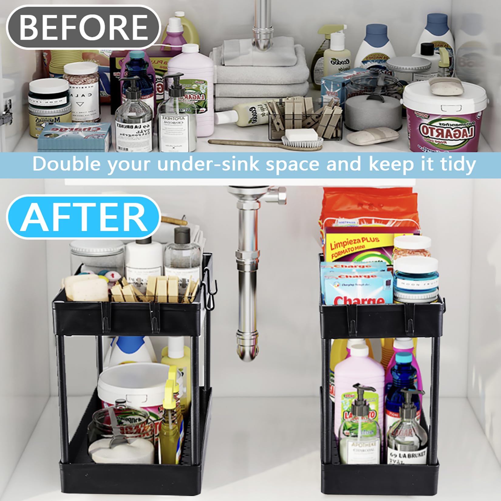 2 pcs under sink organizers and storage,2 Tier cabinet organizer,under sink organizer with 8 Hooks for Bathroom Kitchen,Black.