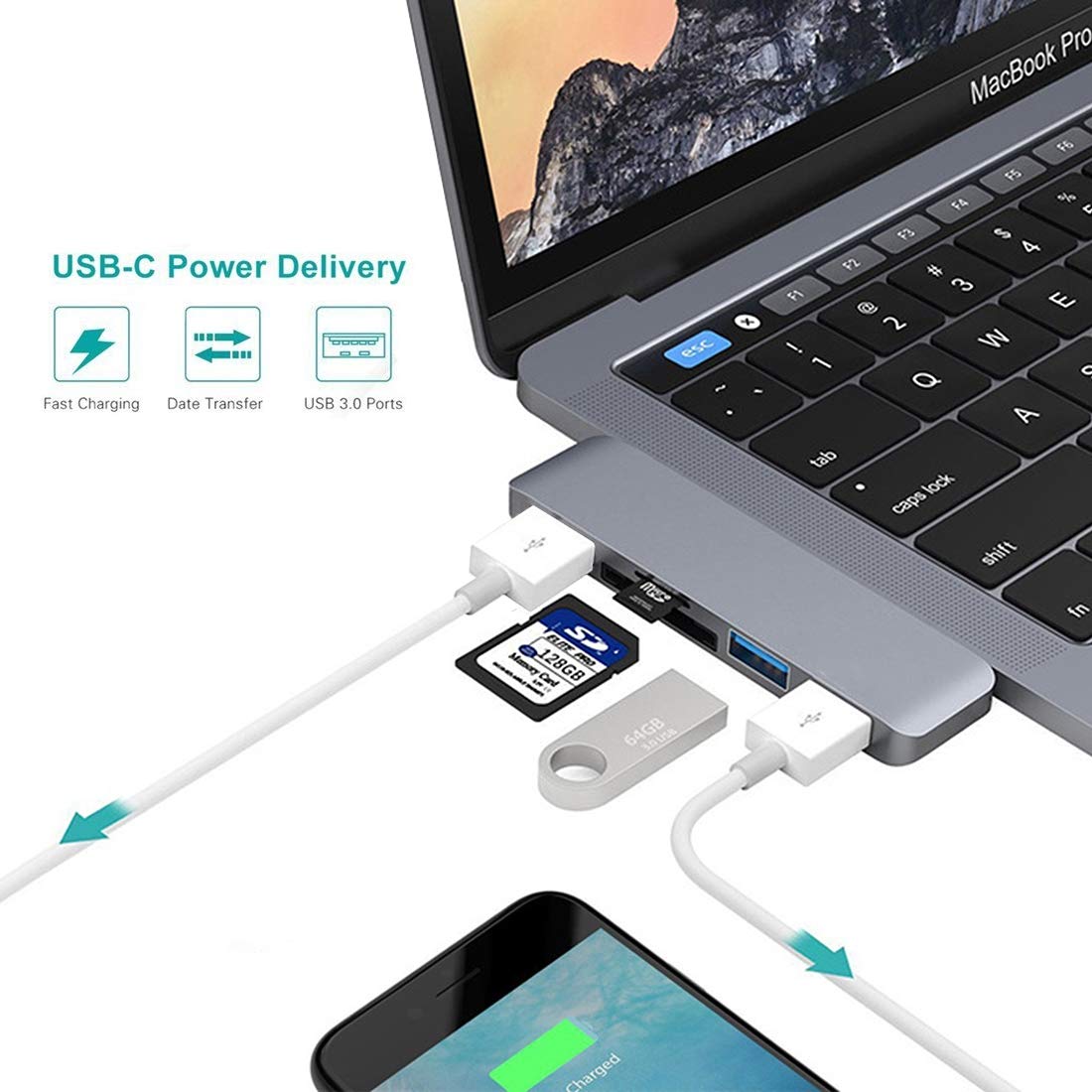 Jiali USB-C Hub Converter 5 in 1 Multi-Function Aluminium Alloy 5Gbps Transfer Rate USB-C/Type-C HUB Adapter with 3 USB 3.0 Ports & SD Card Slot & TF Card Slot for MacBook 2015/2016 / 2017(Grey)