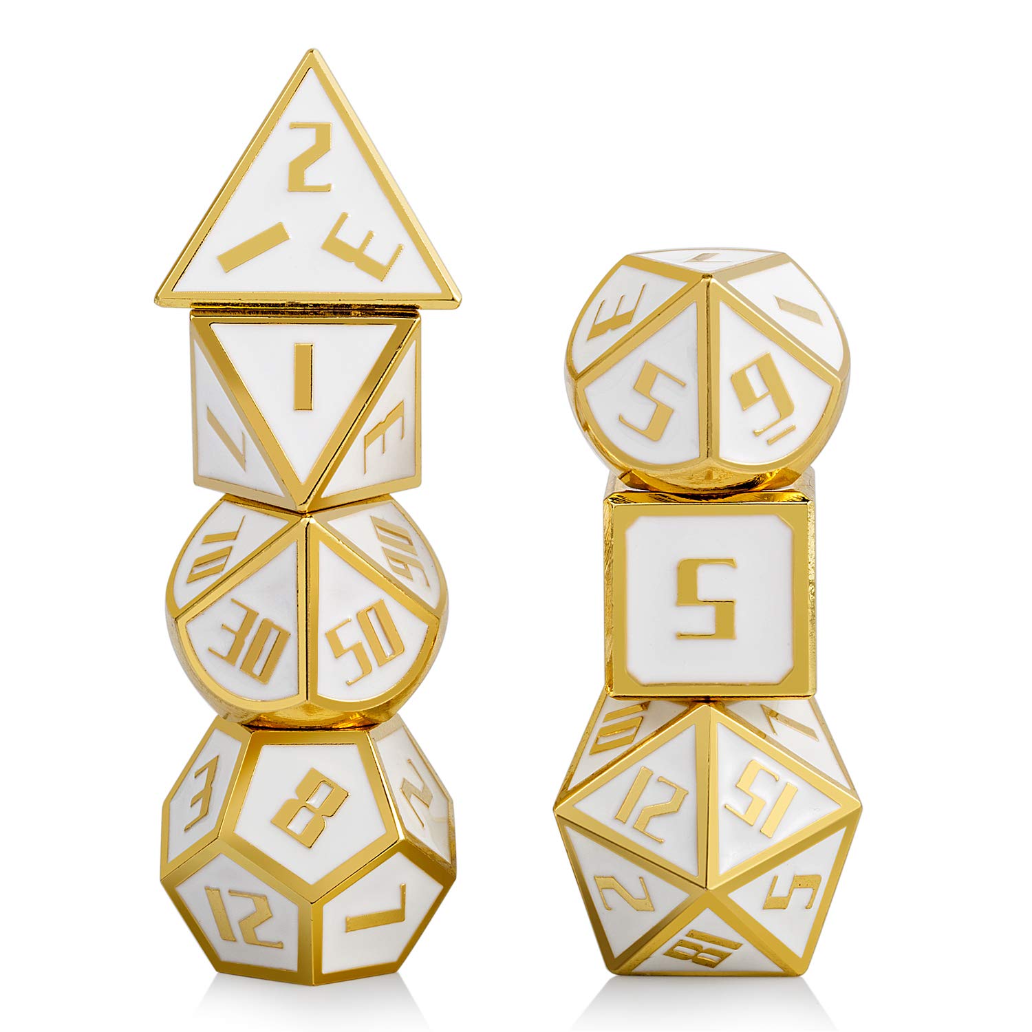 ALLCOLORED 16mm DND Metal Dice Set White Gold 7 Pieces Polyhedral Dice D&D with Metal Case and Velvet Bag for Playing Tabletop Roleplay Games Dungeons and Dragons