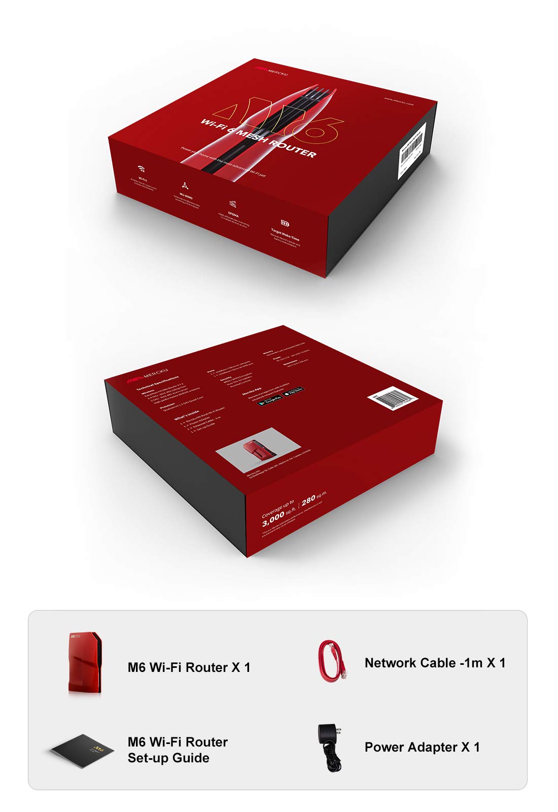 Mercku M6 Wi-Fi 6 Router for Wireless Internet Mesh Wi-Fi System 1 Pack up to 3,000 Sq.Ft. Can Add More Units to Form a Mesh Wi-Fi System, Dual-Band Gigabit Router, App Control, AX1800, Maroon Red
