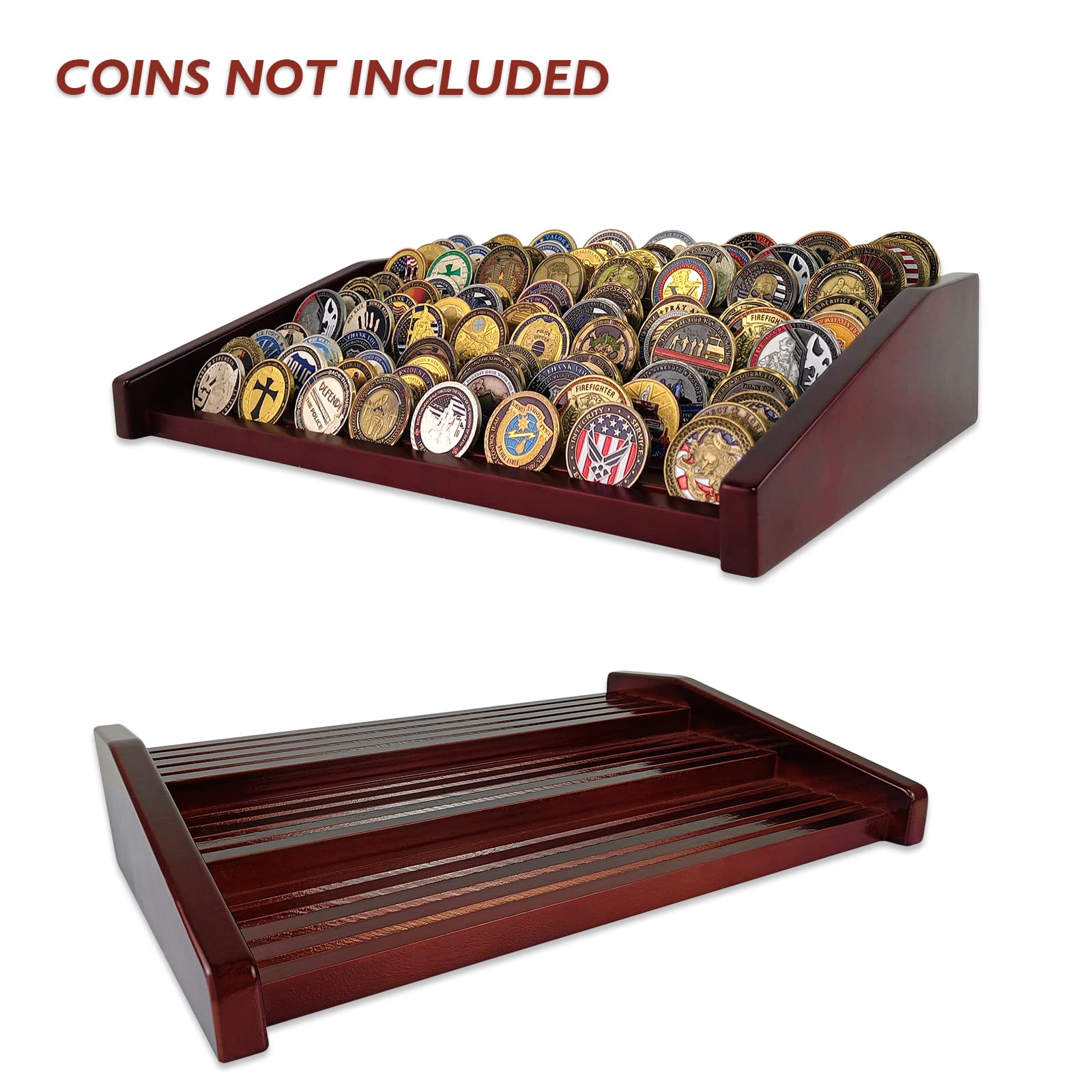 ASmileIndeep 12 Rows Military Challenge Coin Holder Display Case Holds 90-100 Coins, Solid Wood Army Coin Rack Display Stand for Desktop, Mahogany