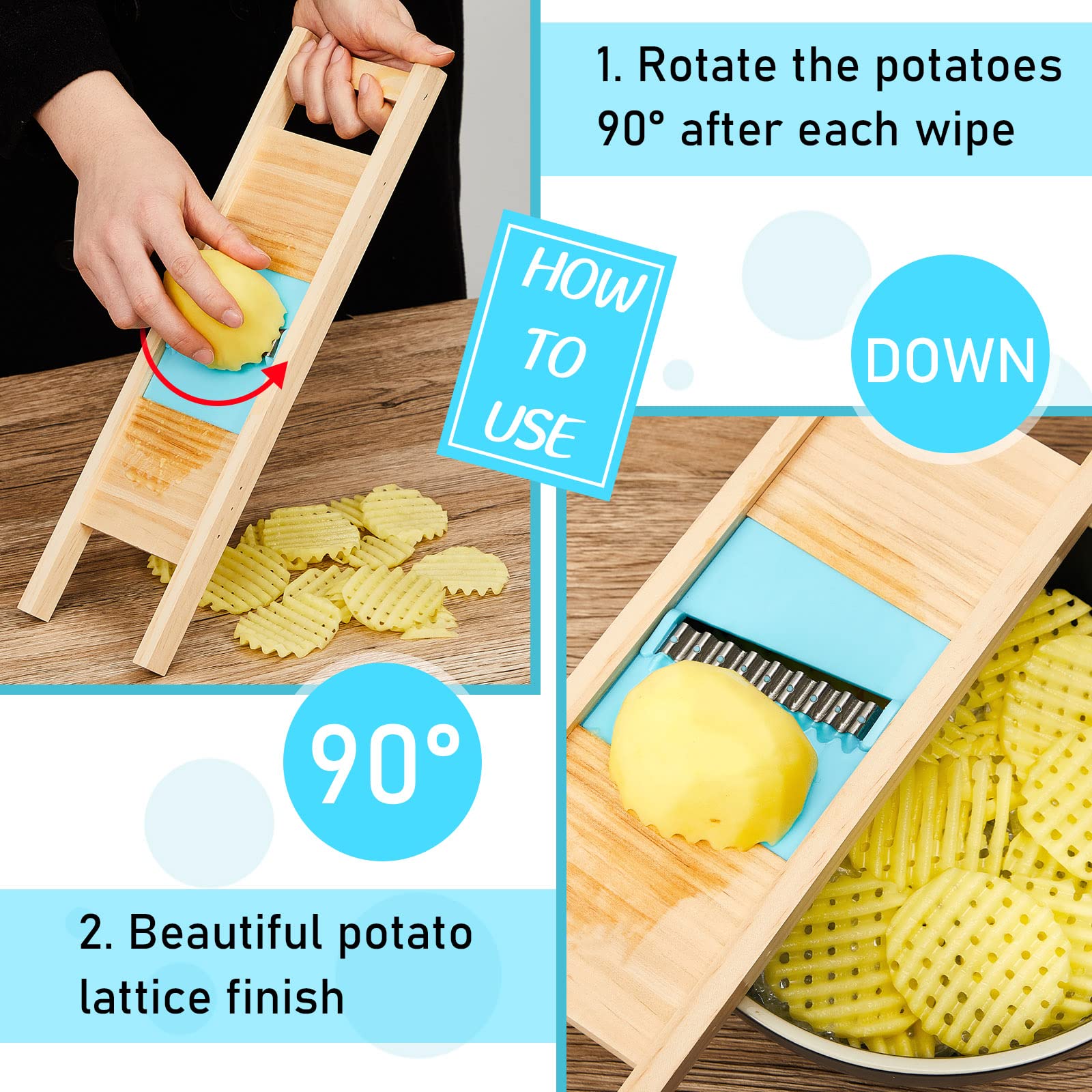 2 Pcs Wave Waffle Cutter and Crinkle Cutter Set Waffle Fry Cutter Potato Cutter Stainless Steel Potato French Fry Cutter Slicer Crinkle Choppers Potato Lattice Maker for Kitchen Tools (Blue)