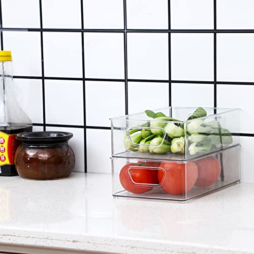 Cq acrylic Set of 4 Refrigerator Organizer Bins Stackable Plastic Clear Food Storage Bin with Handles for Pantry, Freezer, Fridge, Cabinet, Kitchen Countertops BPA Free