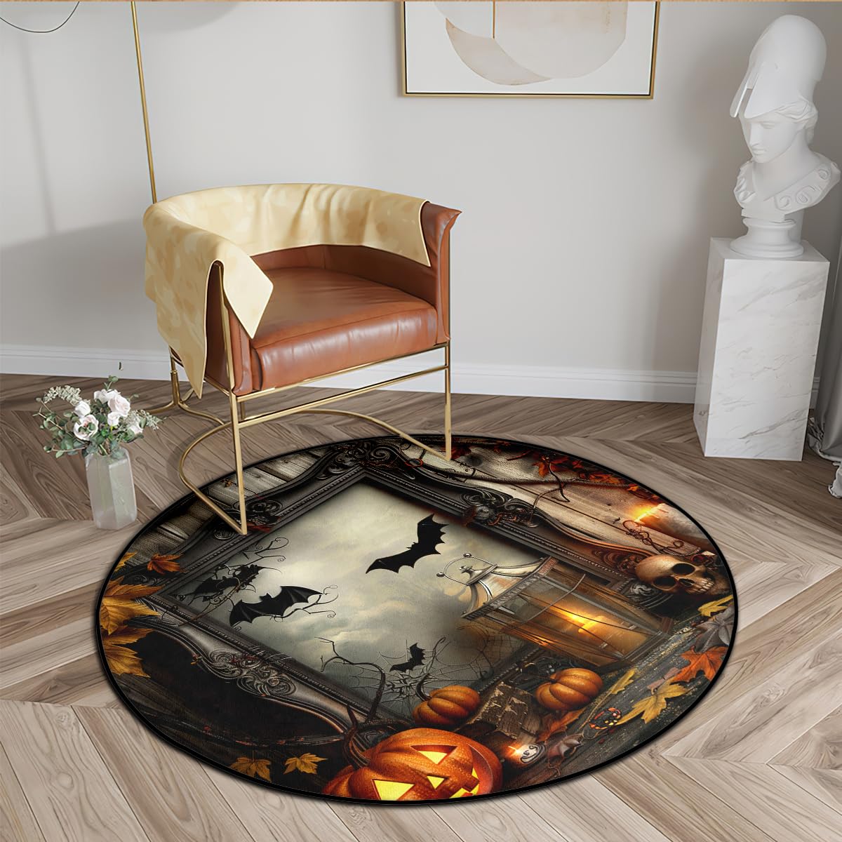 3D Pumpkin 4×4 Circle Area Rugs Halloween Round Rugs Lantern Maple Leaf 4Ft Ultra Soft Carpet,Horror Festival Themed Circular Rugs for Living Room Bathroom