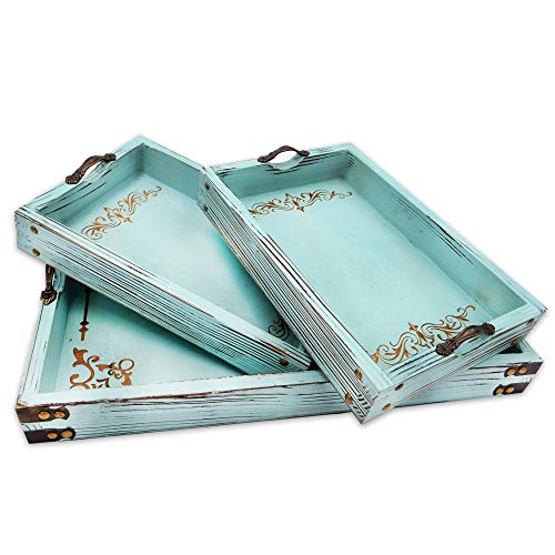Coffee Table Tray Serving Tray with Handles – 3-Piece Vintage-Style Aqua Blue Decorative Tray Set – Ottoman Tray for Living Room, Breakfast Tray & Bed Tray Decor – Fir Wood Tray Set by Modern 5th
