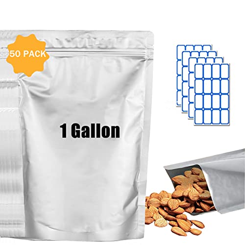 50Pack Mylar Bags for Food Storage With Label Stickers 9.4 Mil 10"x14" Extra Thick Resealable Bags for Nuts, Coffee, Tea Storage