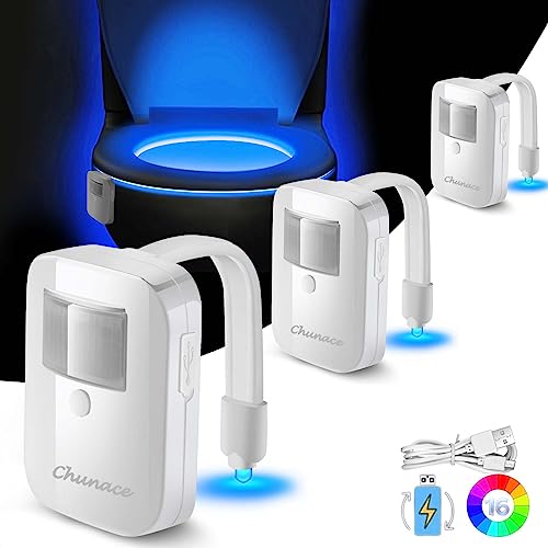 Chunace Rechargeable Toilet Night Lights 3 Pack - Motion Sensor Activated LED Lamp - Funny 16-Color Changing Bathroom Accessory for Home Decor - Cool Fun Gadgets for Stocking Stuffers