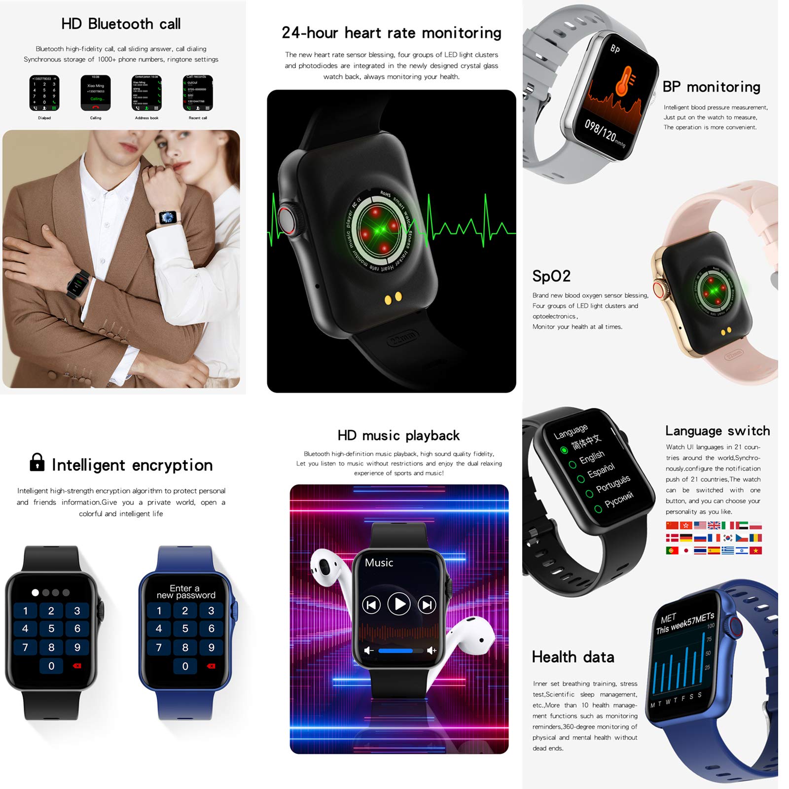 PADY-Wearable Technology D06 Smart Watch Smart Bracelet Fitness Tracker 1.6 inch IPS HD Full Touch Display Bluetooth Call Smartwatches Watch Split Screen Calling Waterproof for Women Men (Black) D6
