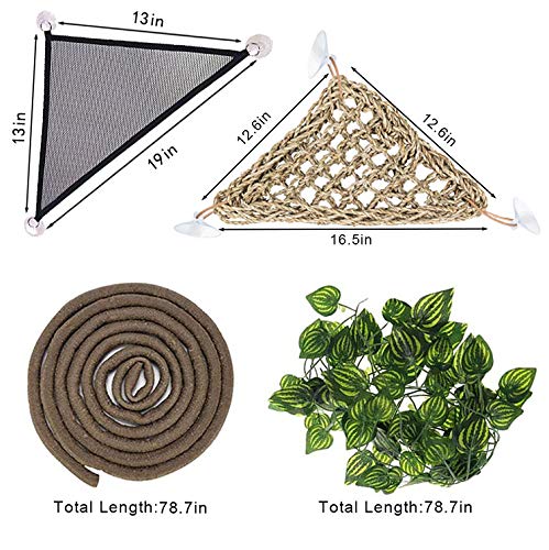 PINVNBY Hammock for Bearded Dragon,Reptile Habitat Lounger Lizard Natural Seagrass Fibers Hammock Jungle Bendable Vines Leaves Tank Decor for Chameleon Hermit Crabs Gecko Snakes(4Pcs)