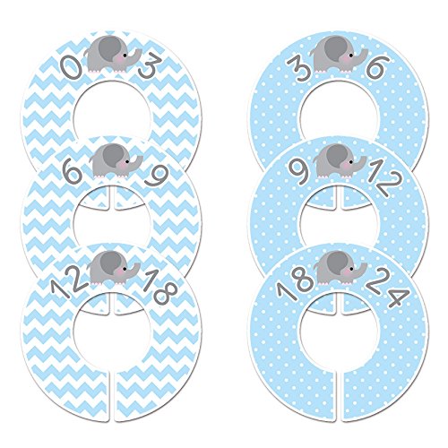 C40 Baby Boy Nursery Closet Clothing Size Divider Elephant Blue Set of 6 Fits 1.25 Inch Rod