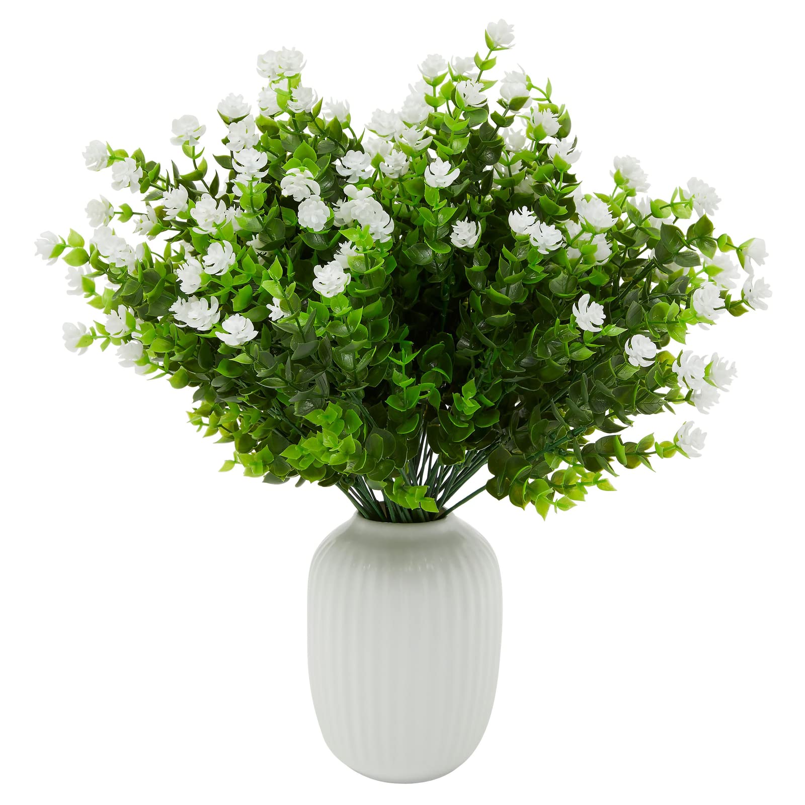 Artificial Outdoor Flowers with Eucalyptus Leaves for Gardens (White, 6 x 13.5 Inches, 8 Bundles)