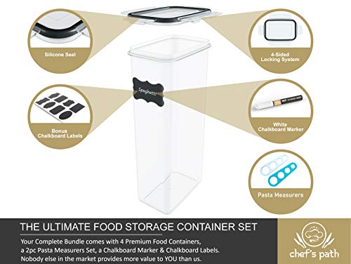 Chef's Path Airtight Food Storage Containers (Set of 4, 2.8L) - Tall Pasta Storage Containers for Pantry & Kitchen Organization, Spaghetti, Noodles, Cereal - Lids, Noodle Measure and Reusable Labels Included
