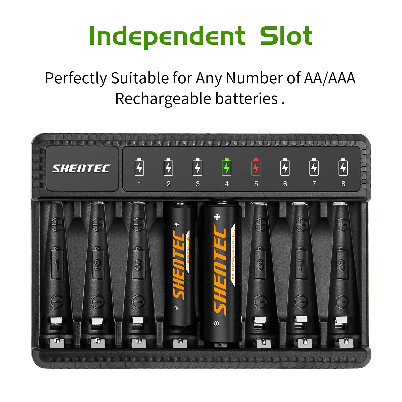 Shentec 4 Packs 2500mAh Rechargeable AA Batteries and 4 Packs 1000mAh Rechargeable AAA Batteries with Smart 8 BayAAA AA Battery Charger (USB Fast Charging, Independent Slot)