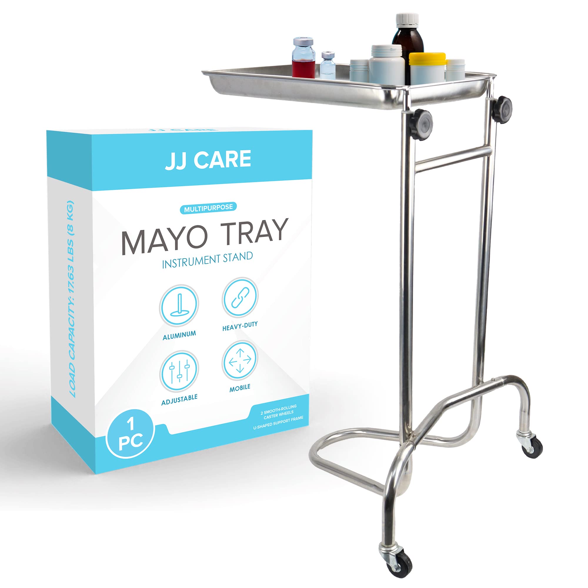 JJ CARE Mayo Stand [17Lbs Weight Capacity] - Stainless Steel Mayo Tray, Adjustable Height Medical Mayo Stand with 2 Nylon Caster Wheels, Surgical Tray, Tattoo Tray, Mayo Stands