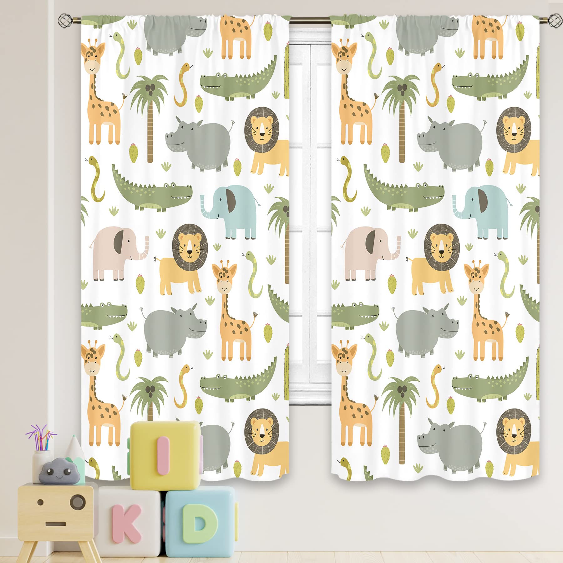 MESHELLY Kids Safari Curtains 42W X 63H Inch Rod Pocket Cute Cartoon Animals Baby Boy Nursery Bedroom Decor Woodland Jungle Lion Elephant Curtains for Children Living Room Window Drapes Fabric