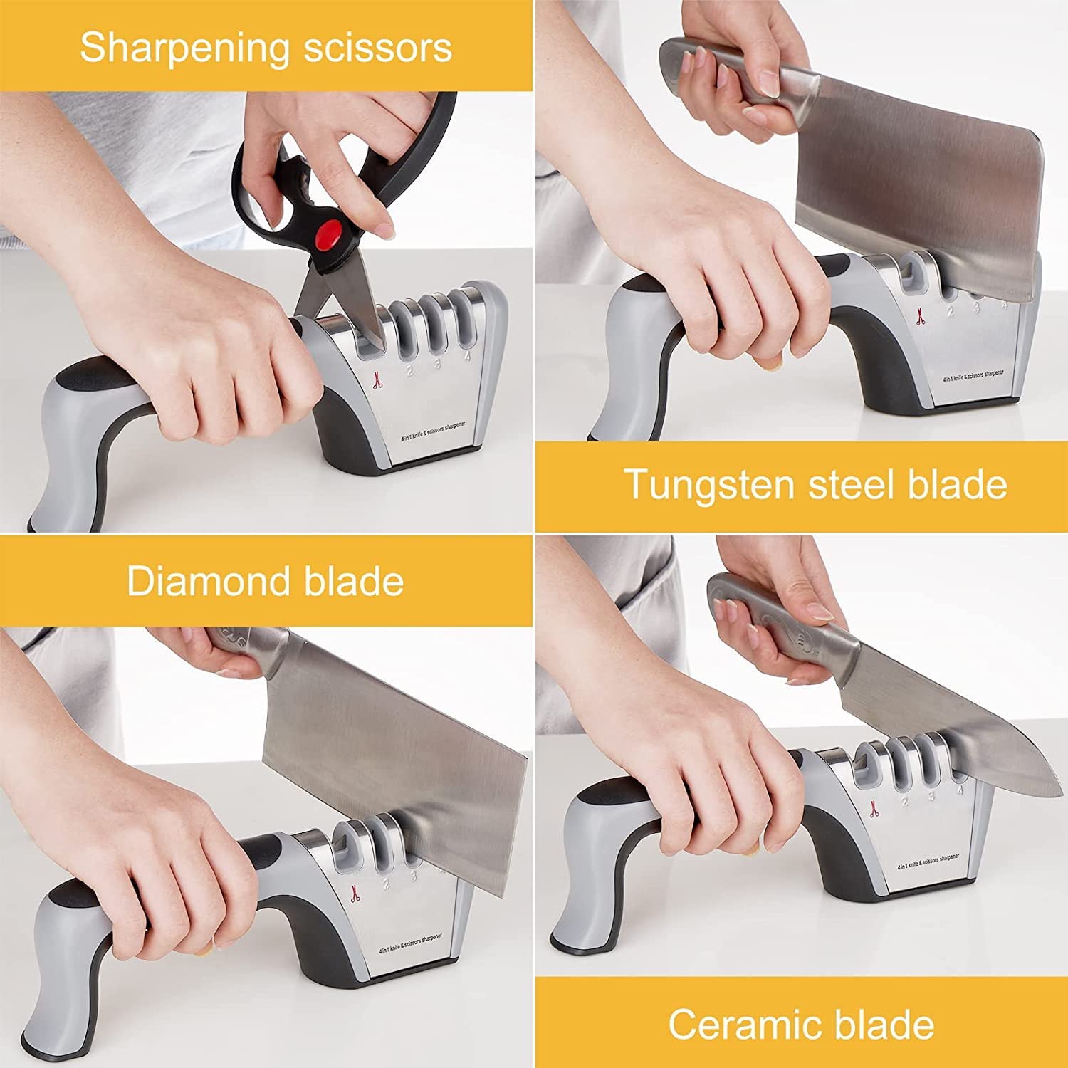 4 IN 1 Knife Sharpener, 4-Stage Knife Sharpening Tool Multifunctional Kitchen Knife Scissor Sharpener with the Diamond, Ceramic, and Tungsten Steel Rod