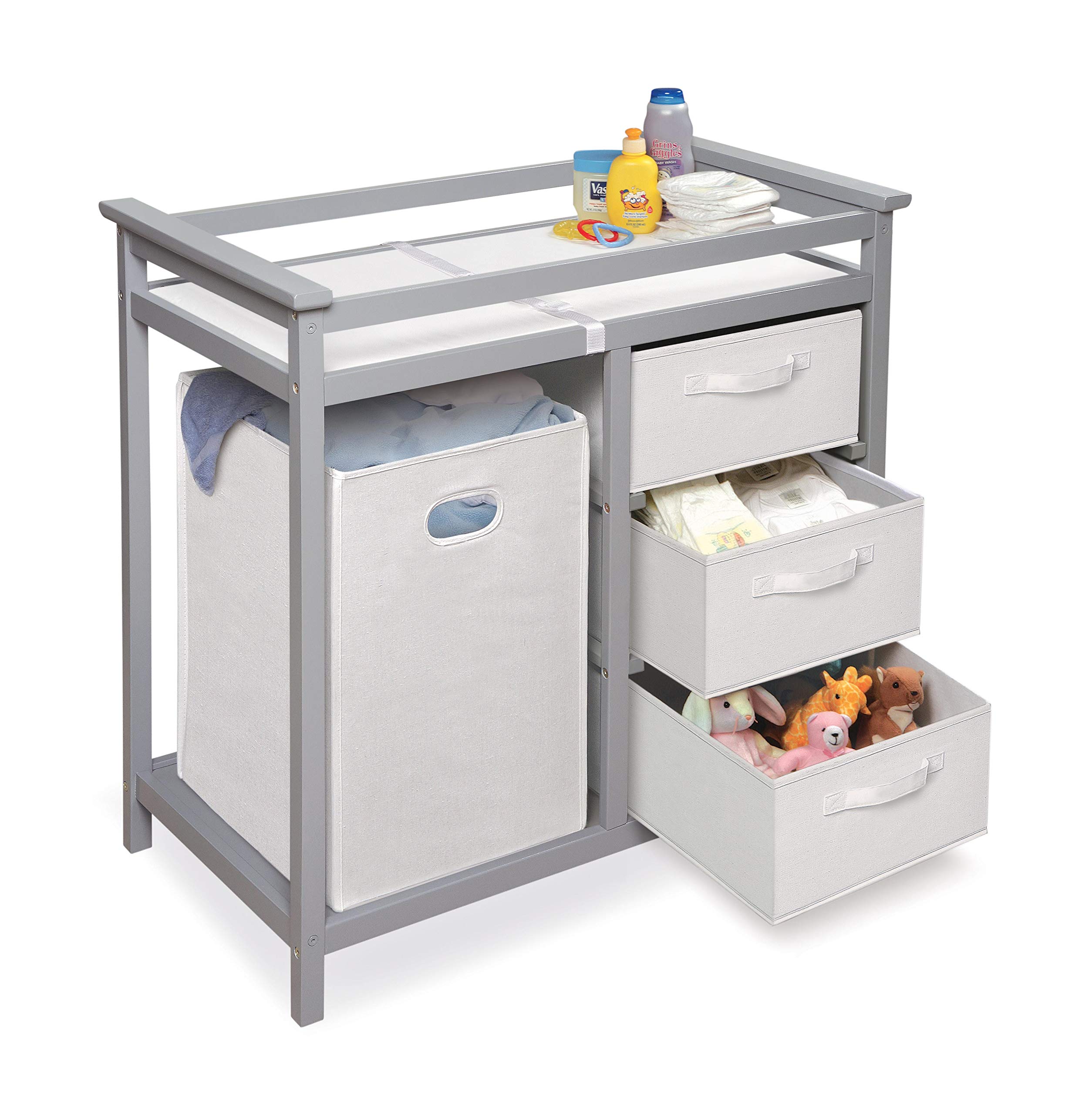 Badger Basket Modern Baby Changing Table with Laundry Hamper, 3 Storage Drawers and Pad, Diaper Change Station - Gray/White