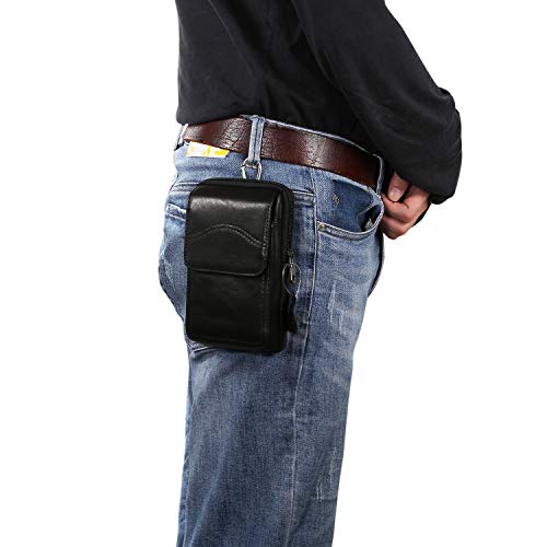 Genuine Leather Cell Phone Belt Holster Waist Bag Crossbody Purse Travel Bag for Galaxy S20+ S10 Plus,A30s,A10s,A50,Note9,Note 8, Google Pixel 4 XL,Xiaomi Mi 9T, Redmi 8A,OnePlus 7T,BLU Vivo XL5-Black