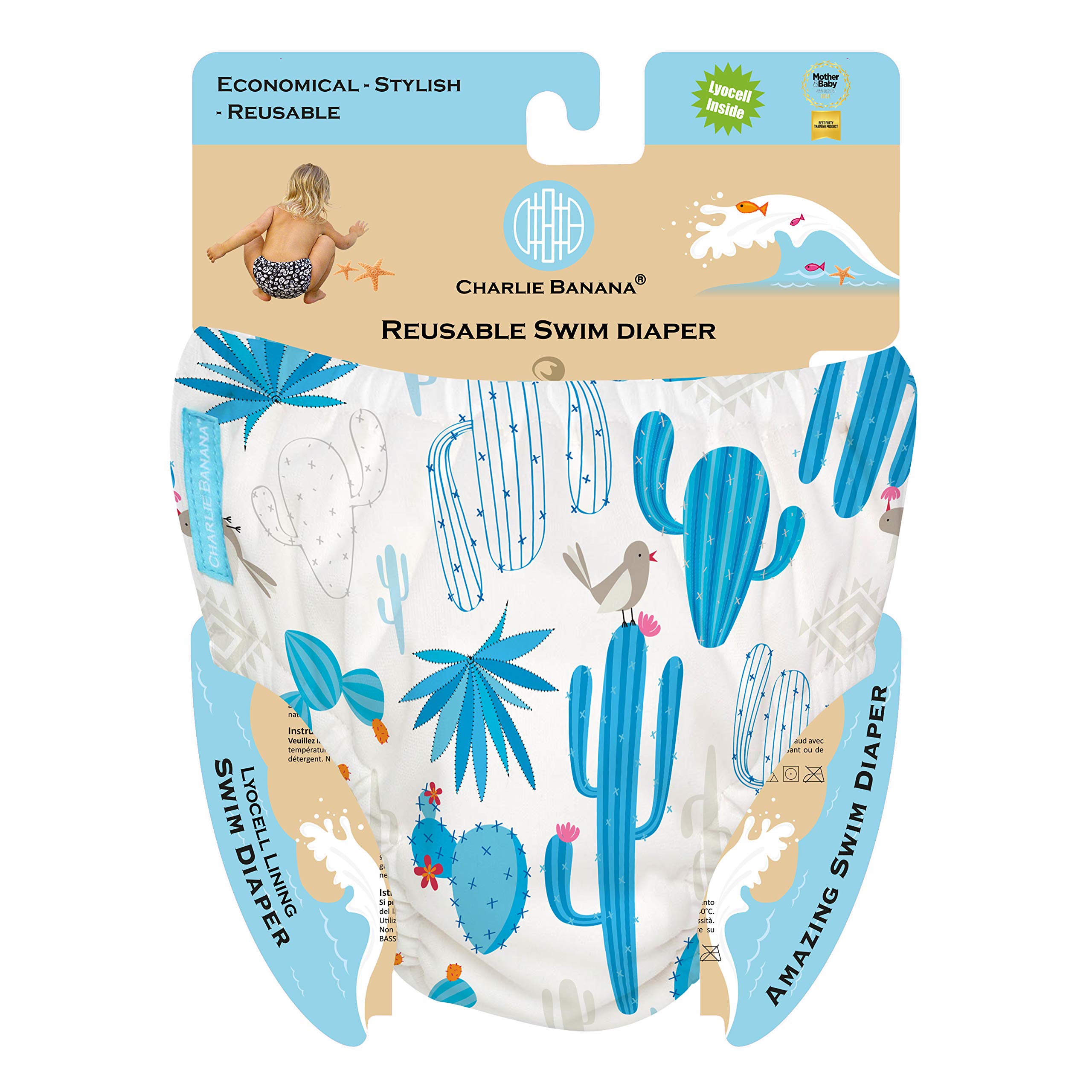 Charlie Banana Baby Reusable and Washable Swim Diaper for Boys or Girls, Cactus Azul, Large