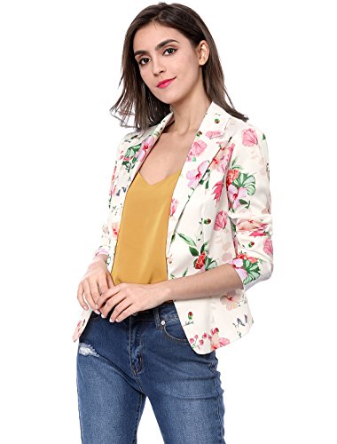 Allegra K Women's Open Front Notch Lapel Printed Business Casual Suit Blazer Jacket Medium White-Floral