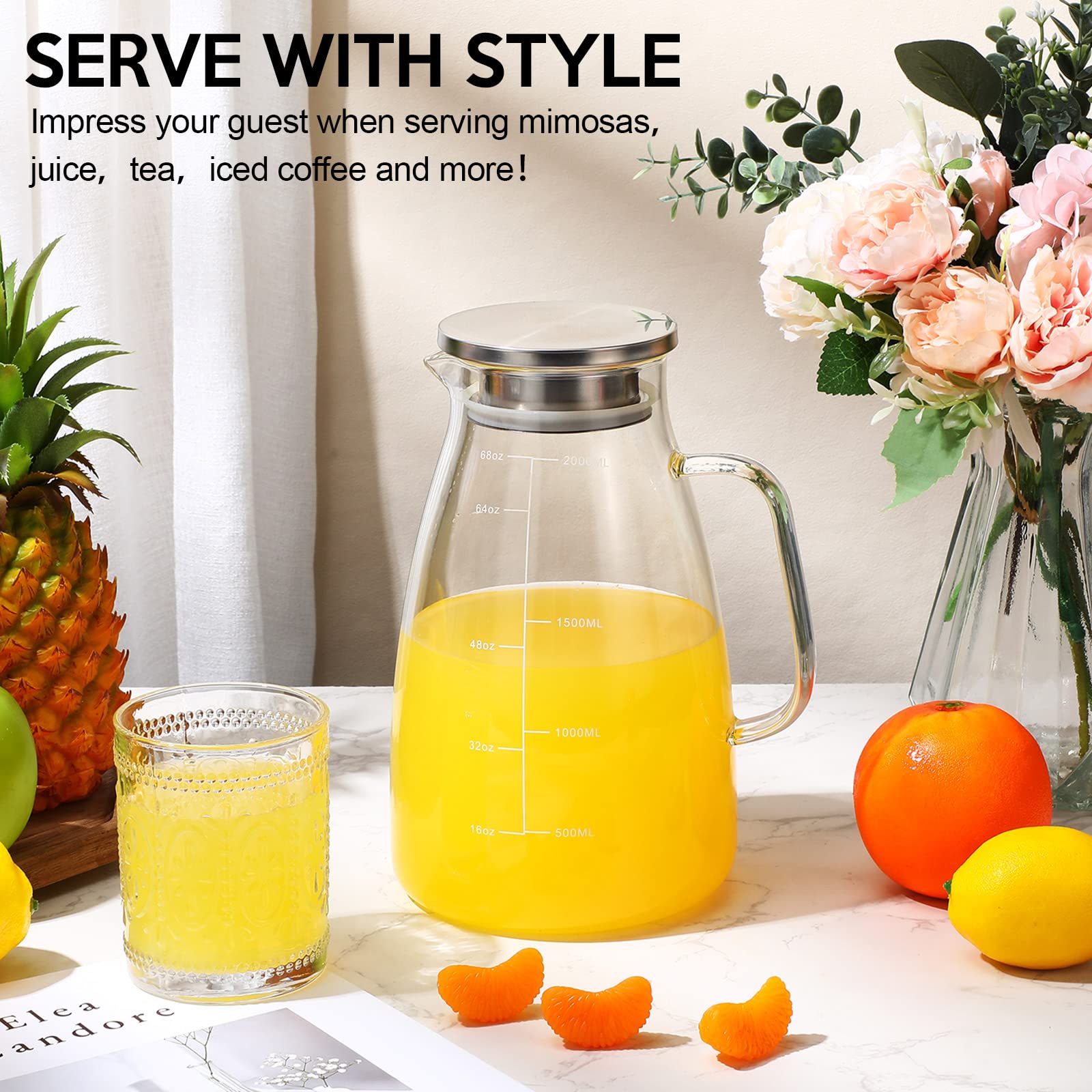 2 Pcs Glass Pitcher Water Pitcher Fridge with Lid and Handle Carafes and Pitchers Iced Tea Pitcher Hot Cold Water Heat Resistant Borosilicate Glass Jug for Water Juice Iced Tea (Simple Style,68 oz)