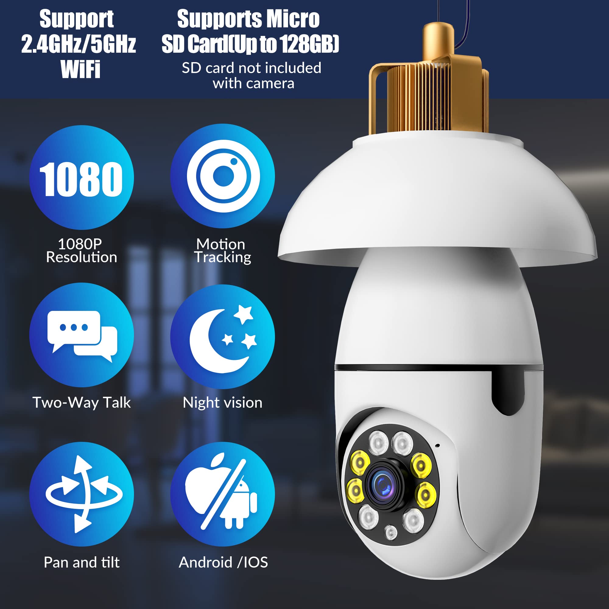 2Pcs Light Bulb Security Cameras 2.4GHz&5GHz Outdoor Wireless WiFi 360 Degree Light Socket Screw in Security Cameras for Home Security Safe Cam Lightbulb Cameras Night Vision Compatible with Alexa