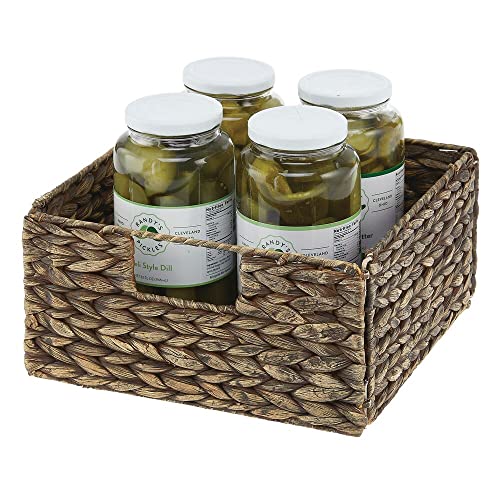mDesign Woven Hyacinth Storage Bin Basket Organizer with Handles for Organizing Kitchen Pantry, Cabinet, Cupboard, Shelves - Holds Food, Drinks, Snacks - 4 Pack - Brown Wash