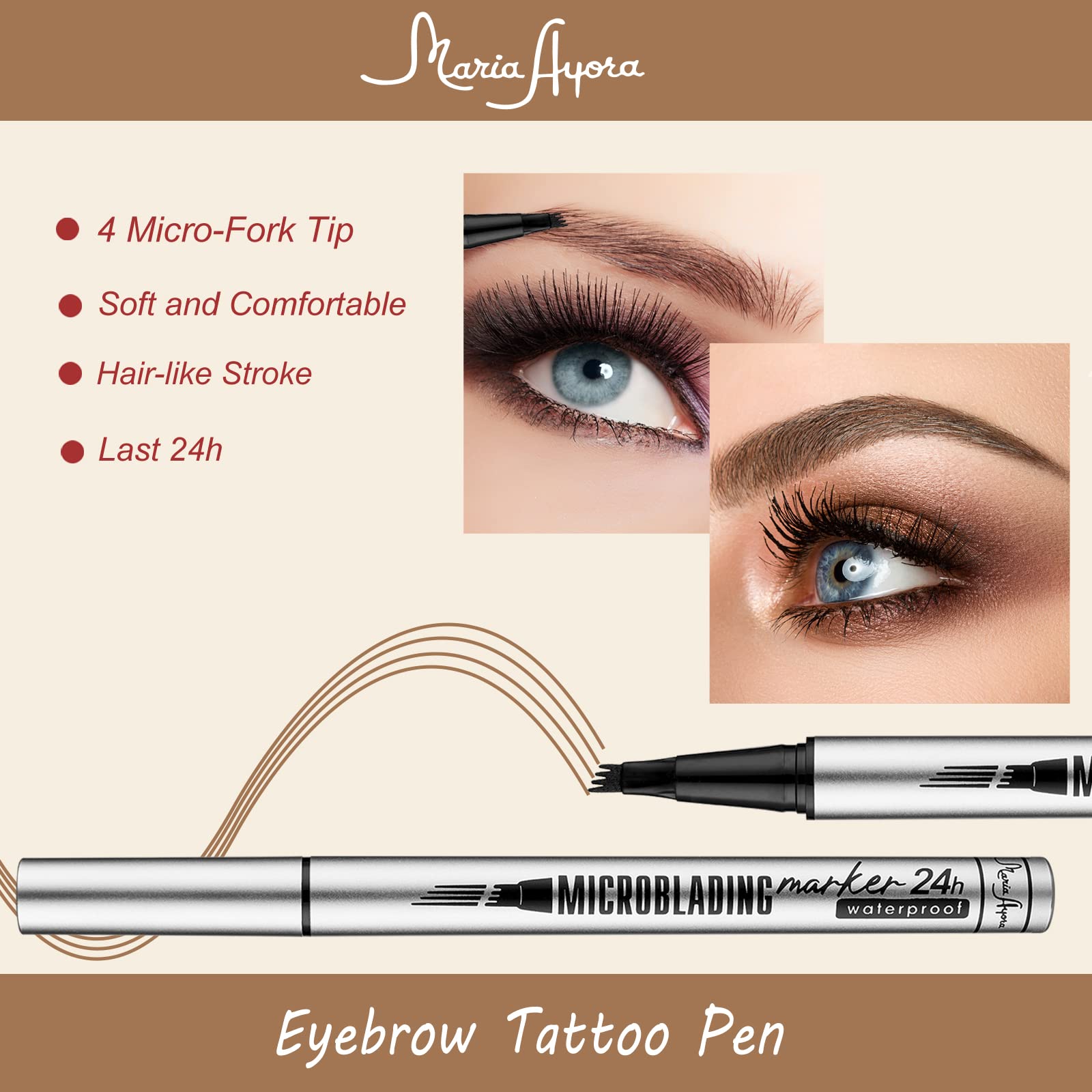 2PCS Maria Ayora Natural Looking Microblading Eyebrow Pencil with Innovative Micro-Fork Tip Applicator, Natural & Long-lasting Eyebrow Pen Makeup, Waterproof & Smudgeproof, Vegan (Dark Brown)