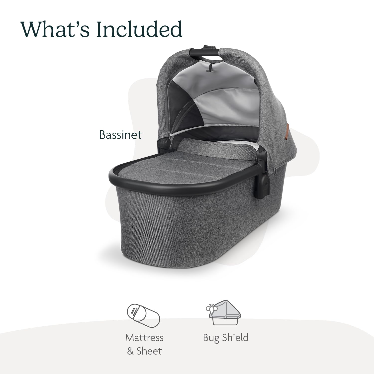 UPPAbaby Bassinet/Compatible with Vista, Cruz, Ridge, Minu Strollers/Overnight Sleep Solution/Mattress, Sheet, and Bug Shield Included/Greyson (Charcoal Mélange/Carbon Frame)