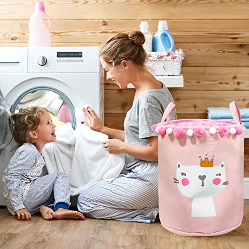 Cute Babys Laundry Basket - Kids Laundry Hamper for Girls, (Cat) Collapsible Thicken Durable Toys Organizer Storage Round Baskets and Nursery Bedroom Decor (Pink)