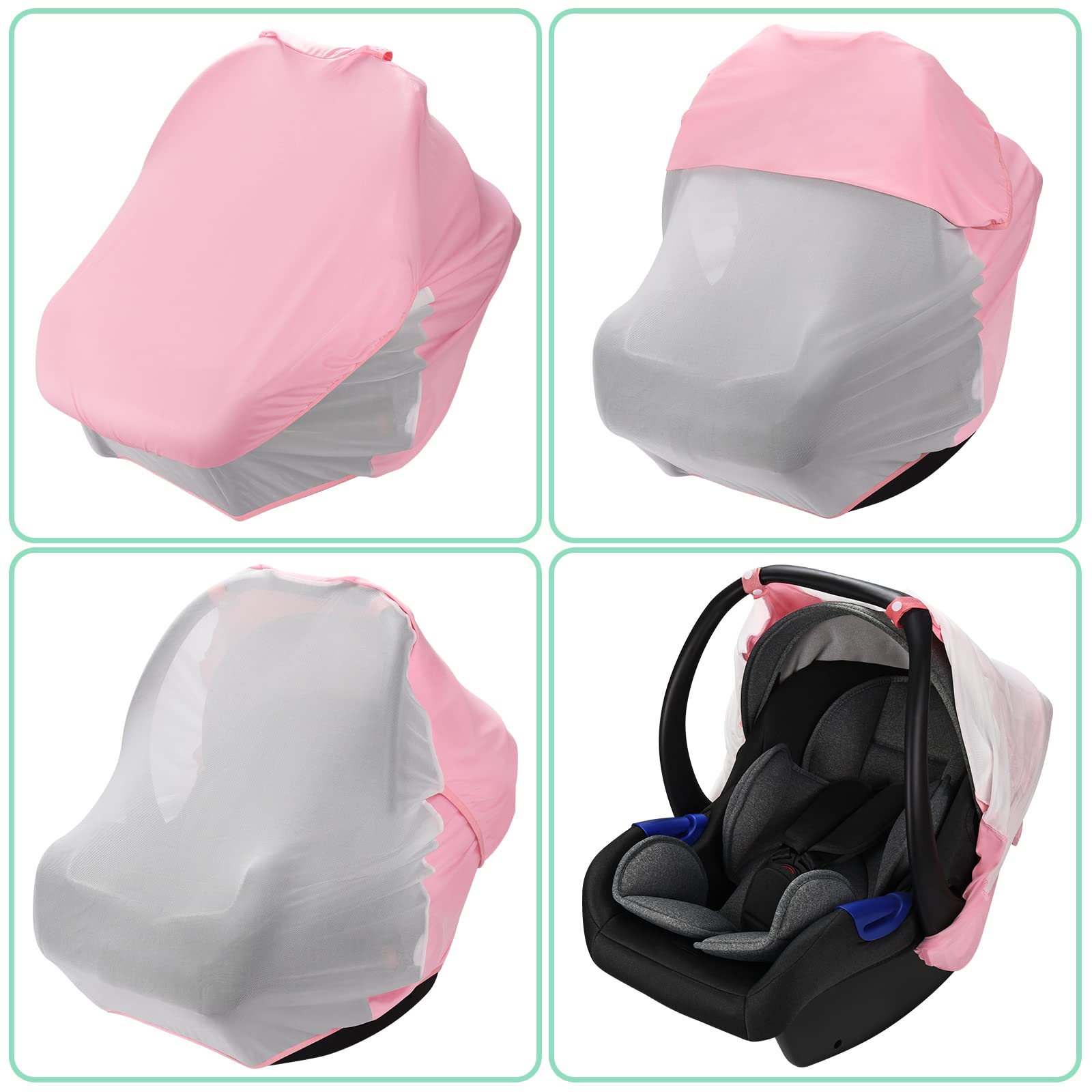 2-in-1 Baby Car Seat Cover, Infant Car Seat Canopy with Sun and Bug, Privacy Shade, Protects Babies from Mosquitoes, Wind, Sunlight, Universal Comfortable (Pink)