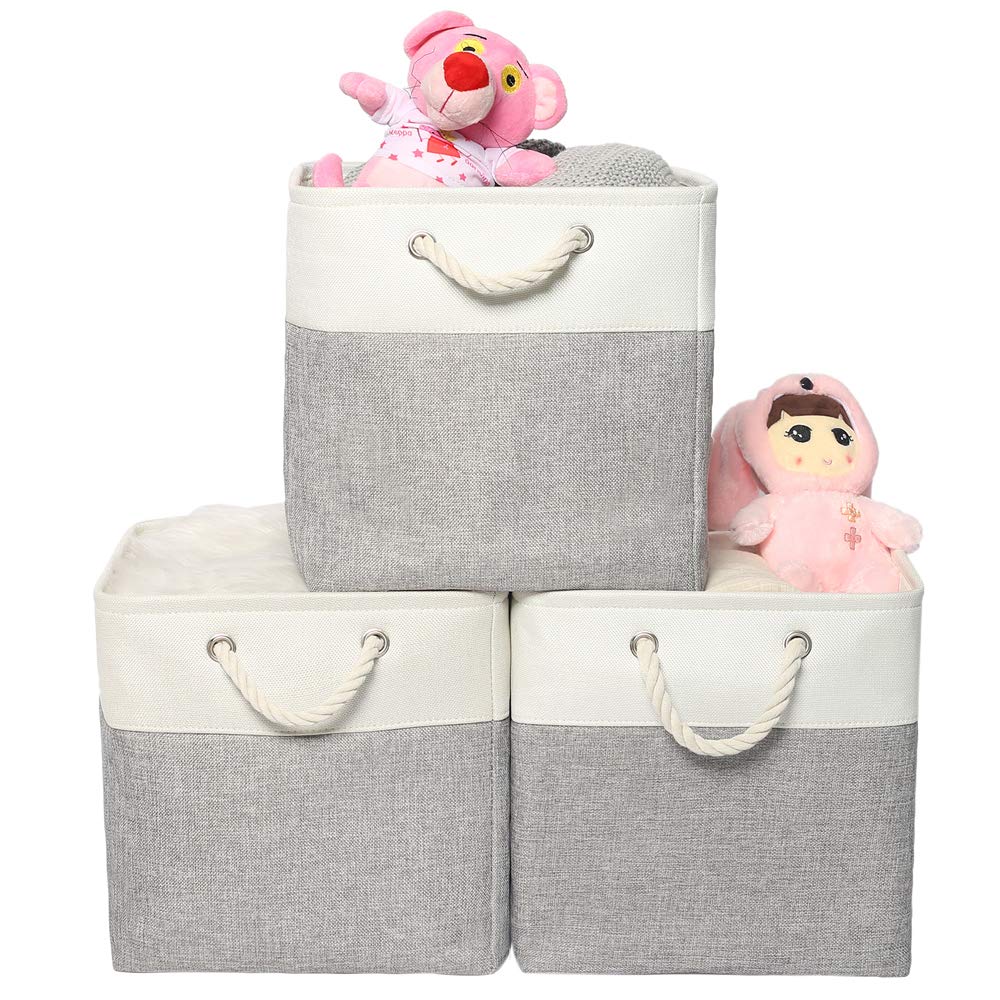 FAGlSAK Large Foldable Storage Bin 13" X 13" Storage Basket Organizer Basket Shelf Cube with Sturdy Cotton Carry Handles for Baby Nursery Closet Shelves Organization (White&Grey, Set of 3)