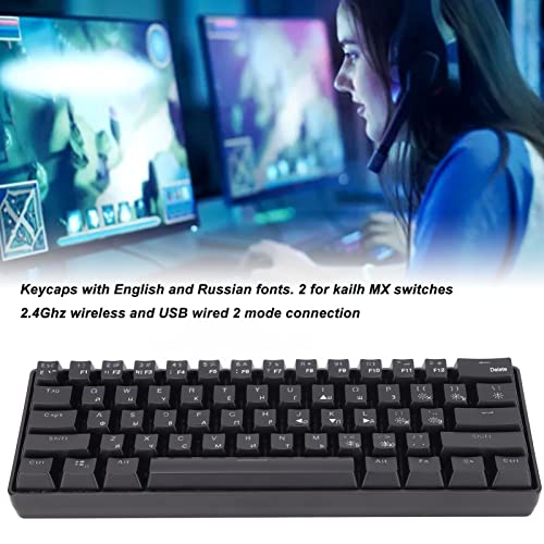 2.4G Wireless Bluetooth Keyboard Russian, RGB Backlight Mechanical Keyboard, Portable 60% Mechanical Gaming Keyboard with English Russian Fonts