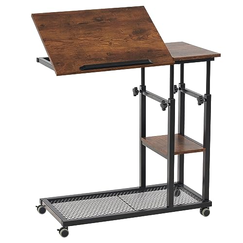 Apicizon Height Adjustable C Shaped Side Table, Couch Side Table with Wheels and Storage Shelves, Tilted C Shaped End Table for Living Room, Overbed Table for Bedroom, Brown