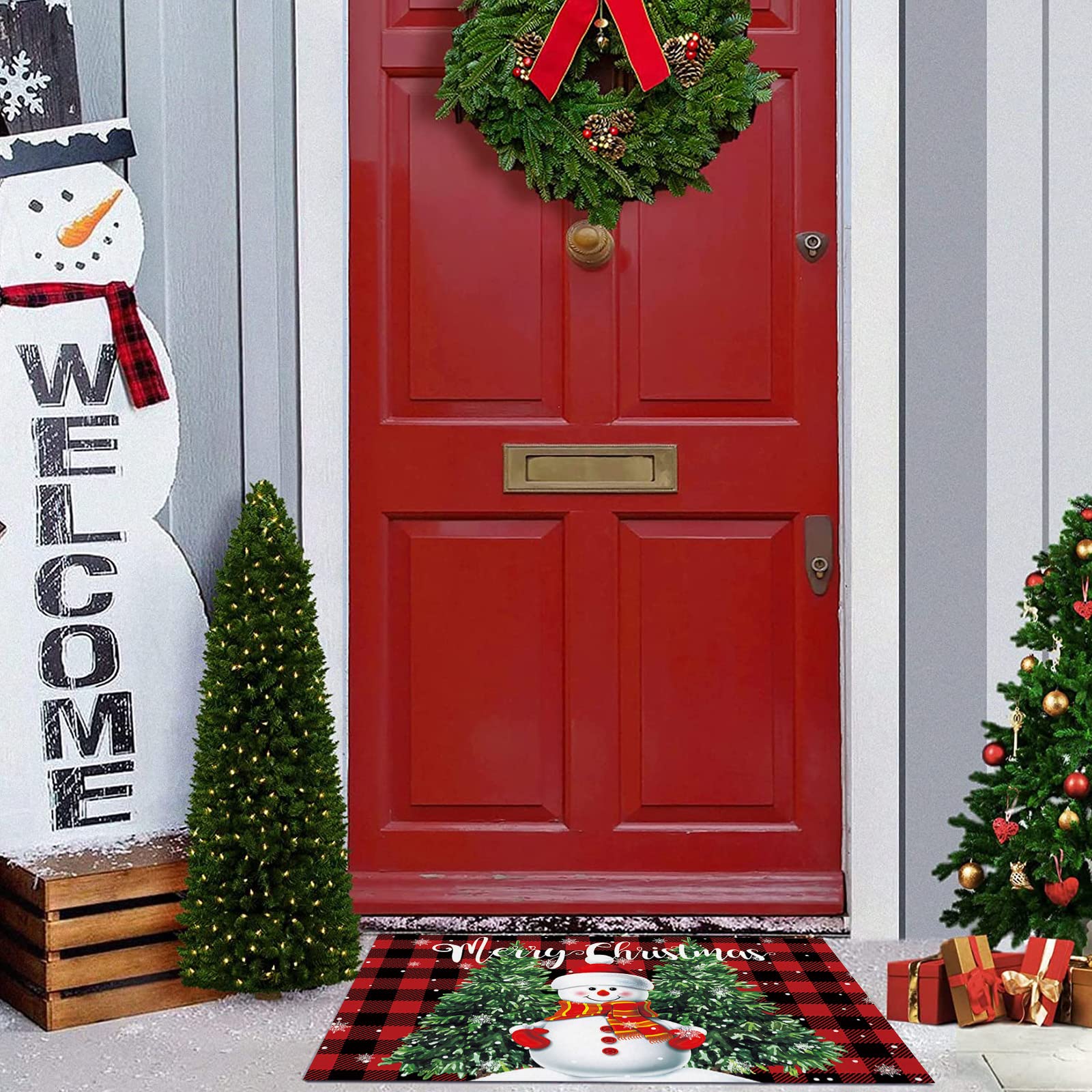 2 Piece Snowman Kitchen Rug Set Merry Christmas Indoor Floor Mats for Winter, Xmas Door Mat Runner Rug Carpet Mat for Kitchen Home Decor (15.7" x 23.6"+15.7" x 47.2") - Red Black Buffalo Check Plaid