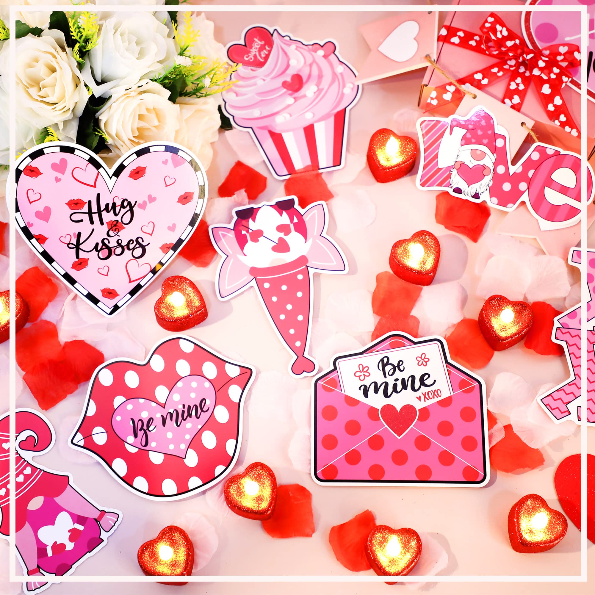 69 Pieces Valentine's Day Cutouts Romantic Gnome Heart Cutouts with 100 Pieces Glue Point Dots Valentines Day Bulletin Board Decorations Valentine Cardboard Paper Cutting for Classroom Decoration