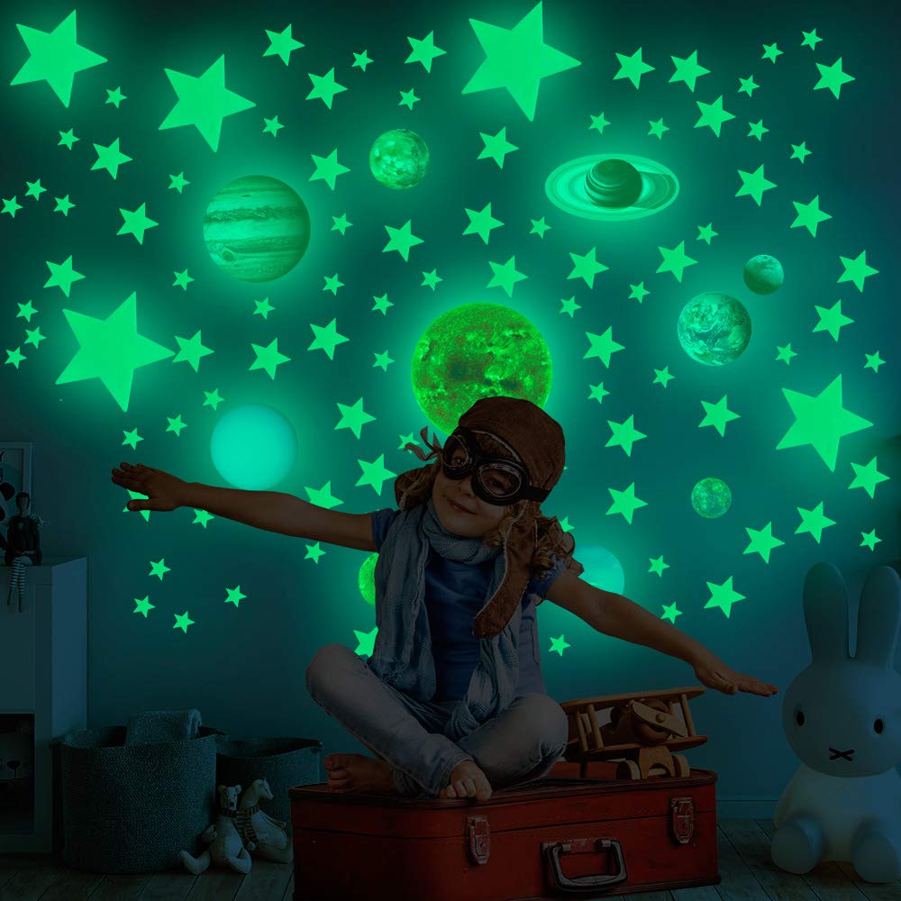 Glow in The Dark Stars and Planets Solar System Wall Decals, 110PCS Glowing Ceiling Spaceship Stars Wall Stickers, Best Gift for Kids Bedding Room Nursery Home Decoration Party Birthday(Small Size)