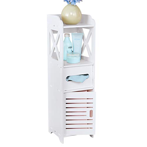 Collections Etc White Bathroom Supplies Storage Tower with Tissue Holder - Multifunctional Shelving Unit, Freestanding Shelf Rack & Drawer Cabinet Organizer - 2.29 Ft Tall