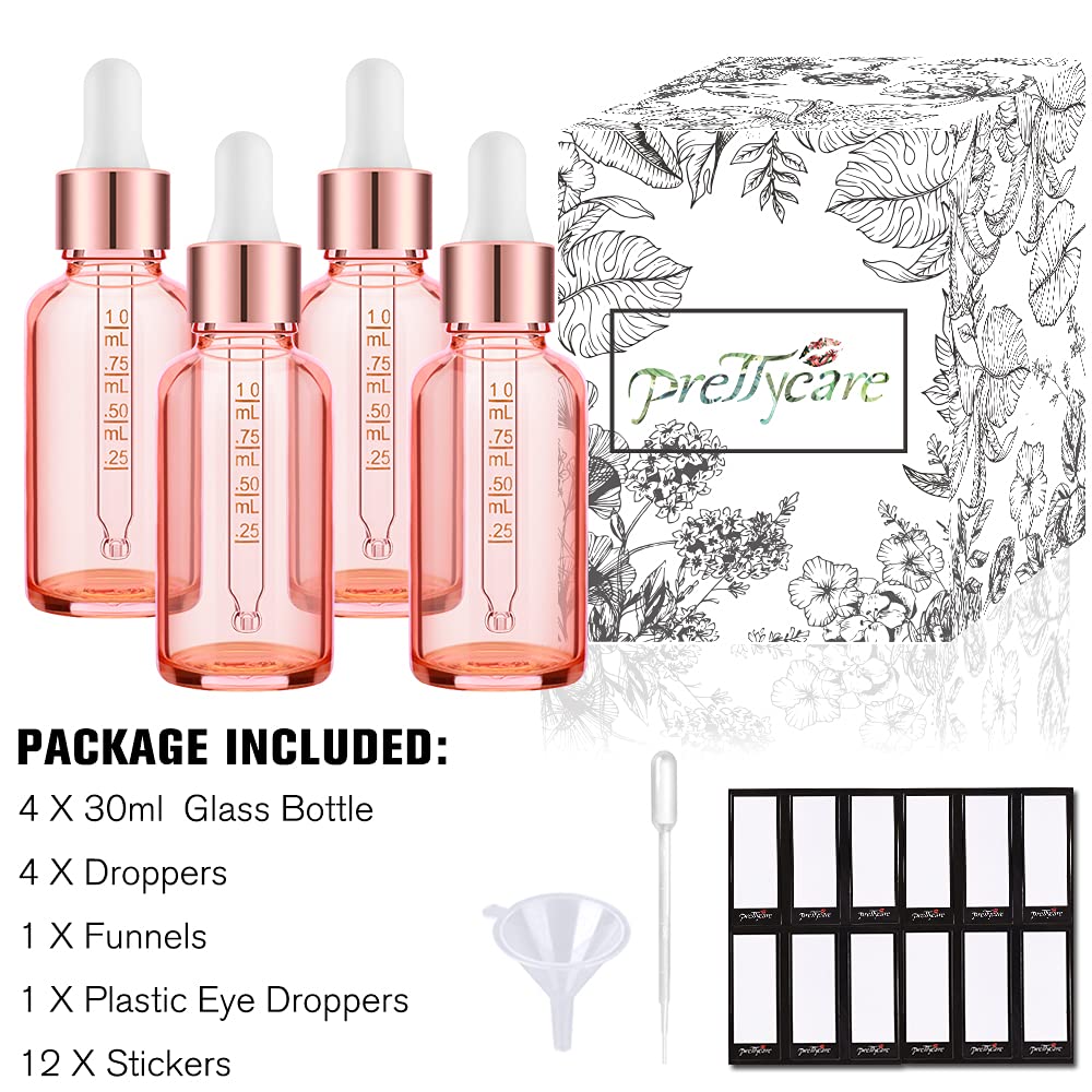 PrettyCare 4 Pack 1oz Eye Dropper Bottle Rose for Essential Oils with Measured Pipettes, 30ml Glass Bottles with Eye Droppers Tincture Bottles, Leak Proof Travel Bottles
