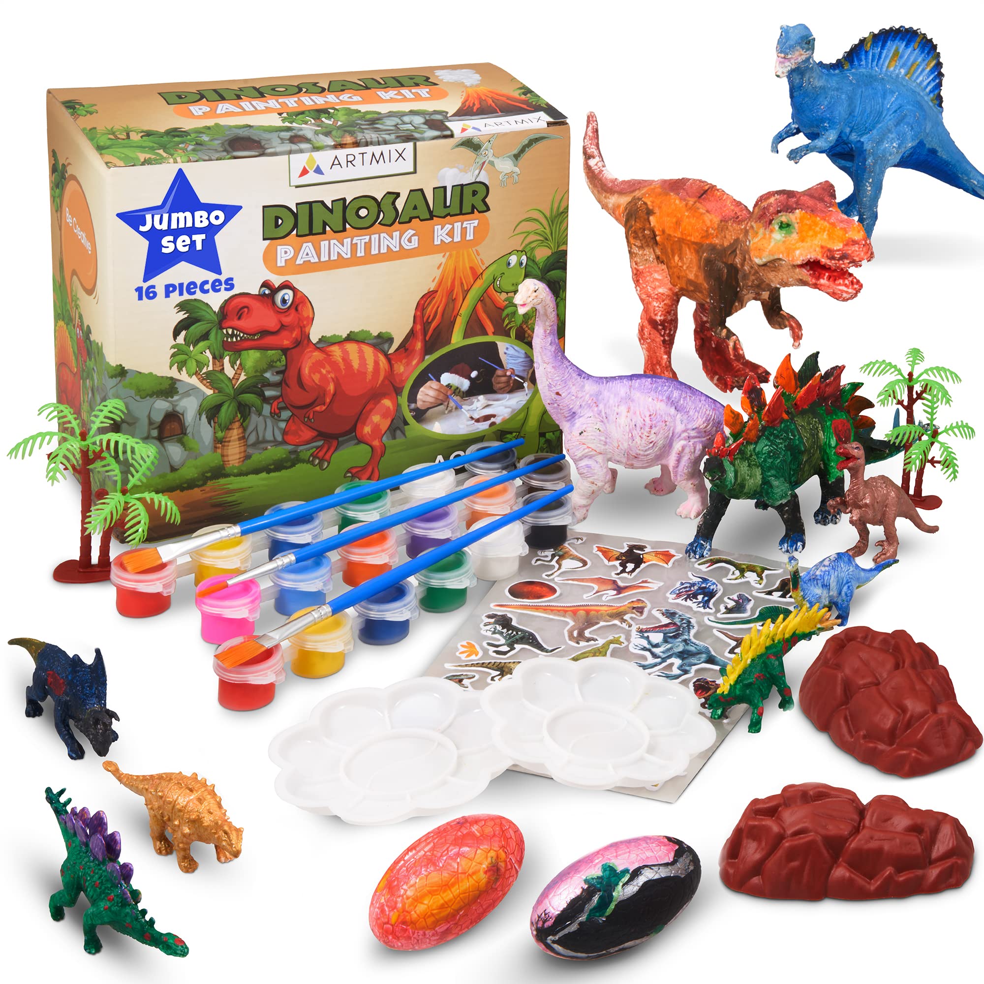 ARTMIX Dinosaur Painting Kit - 16 Piece Set, Won’t Run Out of Paint - Bring Dino Love to Life Arts and Crafts Kit for Kids Painting Toys Kids Crafts for Age 3 to 12 Boys and Girls DIY Gift Set
