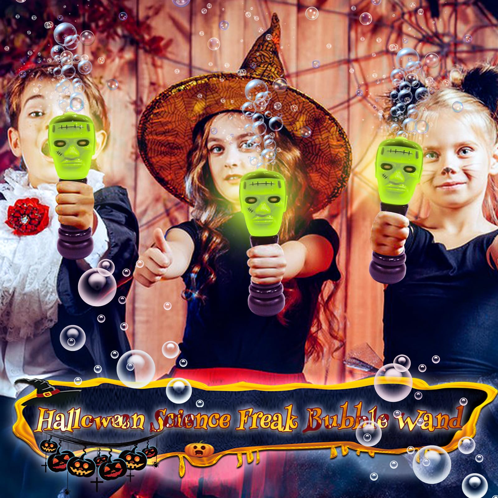 2 PCS Halloween Bubble Blower Wand for Kids, Automatic Light Up Pumpkin and Science Freak Bubble Machine Halloween Party Favors Decor Gift for Kids